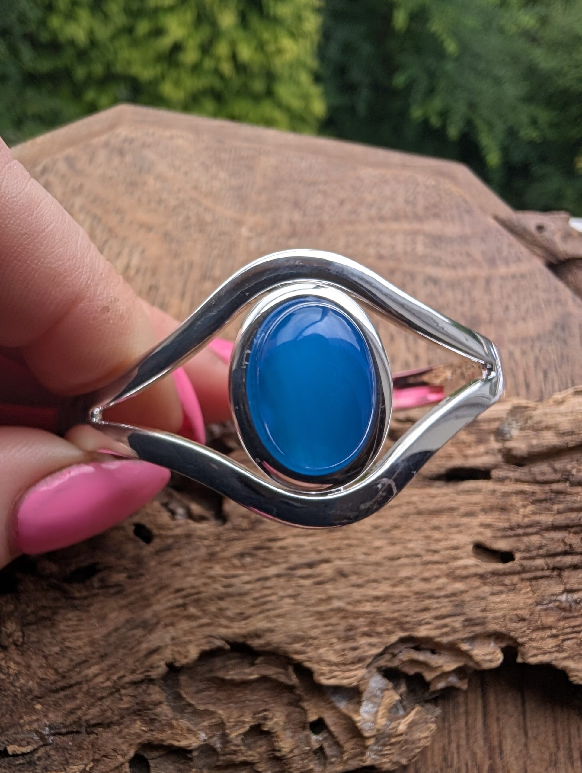 Agate - Blue Agate Cabochon Cuff Bangle - Calming and stabilising ...